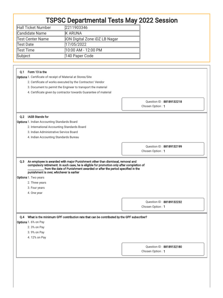 TSPSC Departmental Test Questions 2022 | PDF | Option (Finance) | Pension