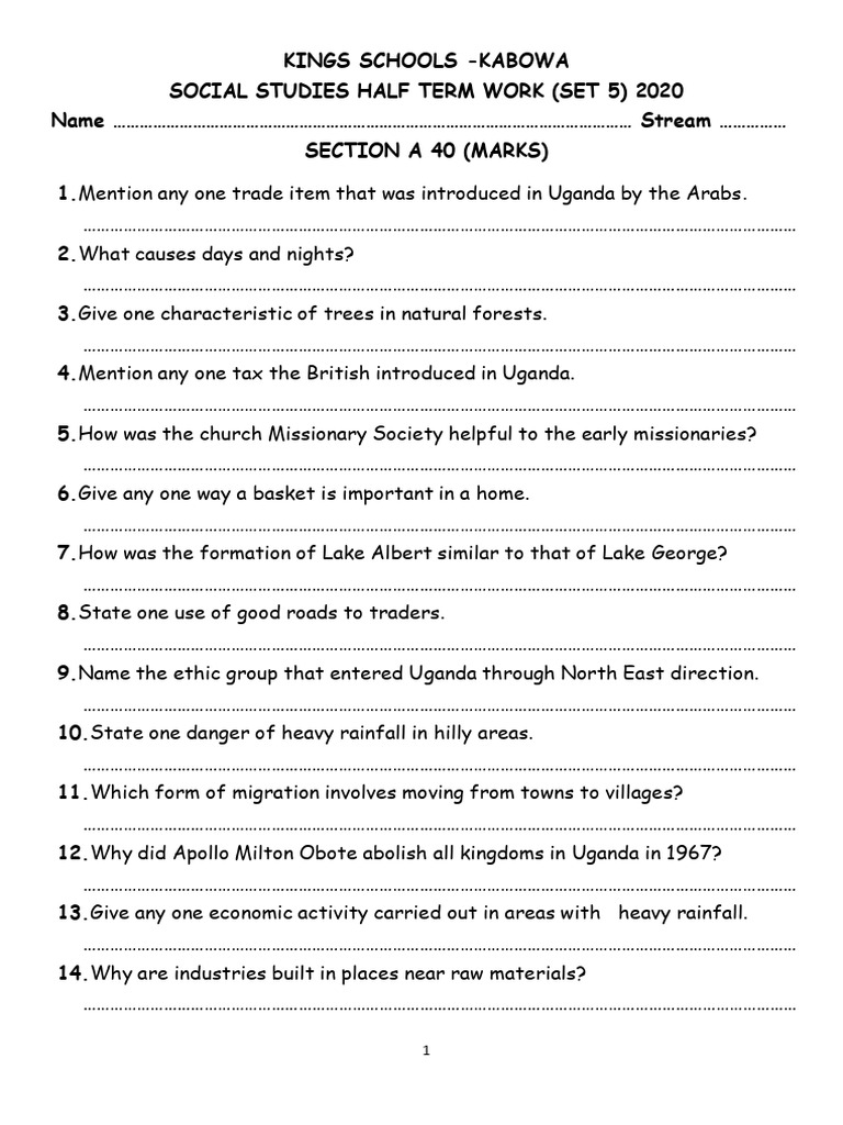 Kings Schools Kabowa p.5 SST 2020 Revision Questions | PDF