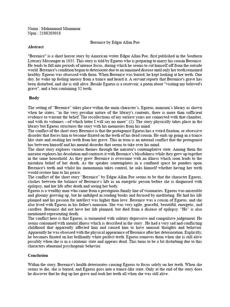 Berenice by Edgar Allan Poe | PDF | Psychology