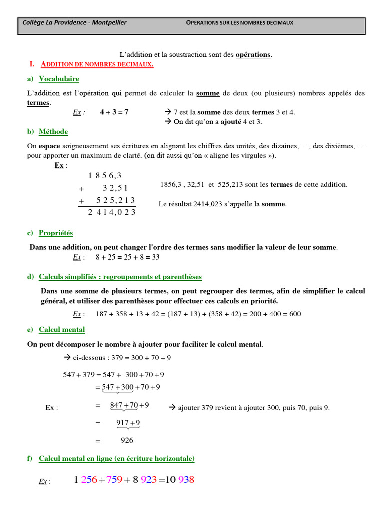 Chap 3 - Cours TB - Opérations Sur Les Nombres Décimaux 2012 | PDF ...
