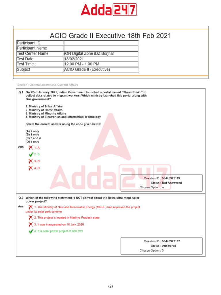 IB ACIO 18 Feb Shift 2 Question Paper | PDF