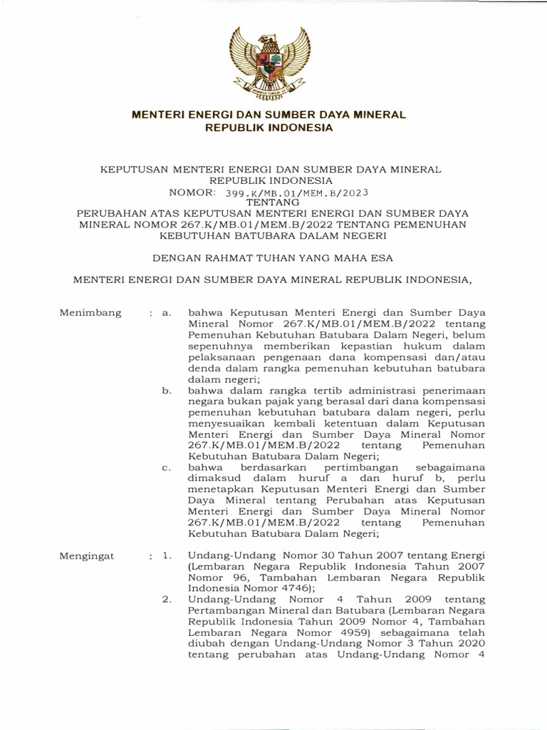 2023-Kepmen Energi Dan SDM Nomor 399.K - MB.01 - MEM.B - 2023 | PDF