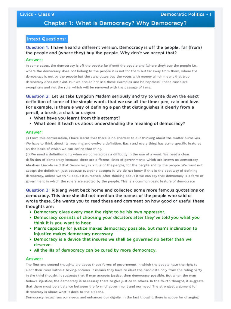 Chapter 1 What Is Democracy Why Is Democracy | PDF | Democracy ...