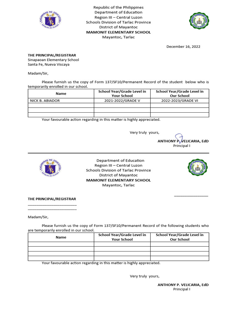REQUEST-LETTER-FORM-137-PERMANENT-RECORD | PDF