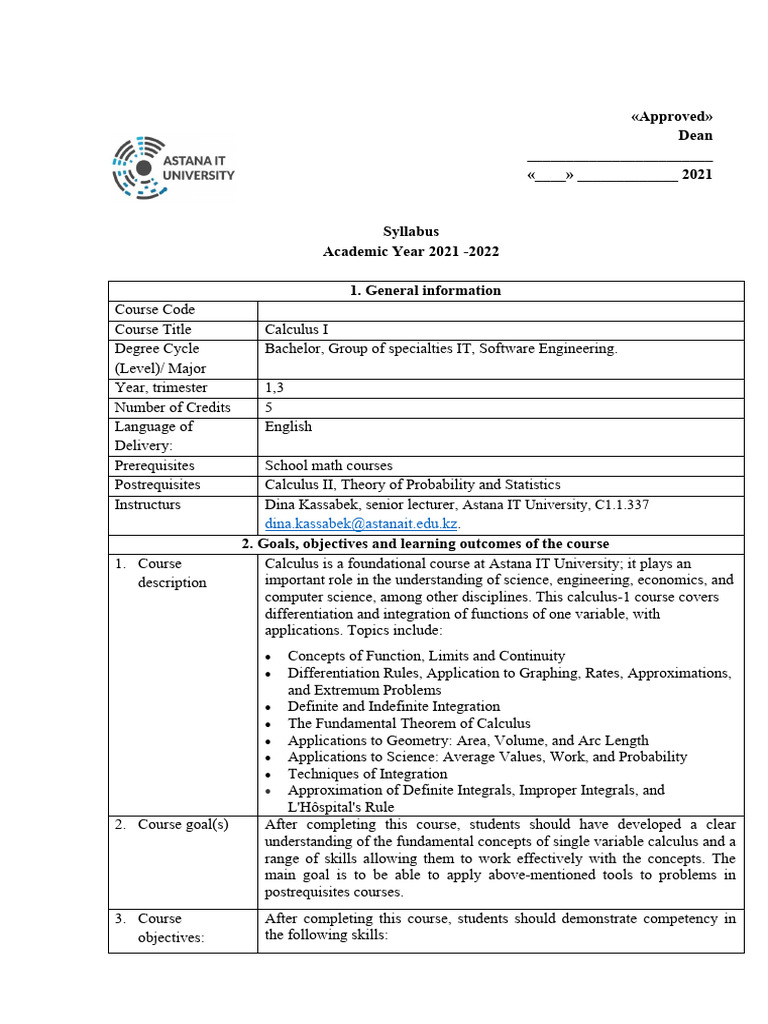 Calculus 1 Syllabus | PDF | Integral | Function (Mathematics)