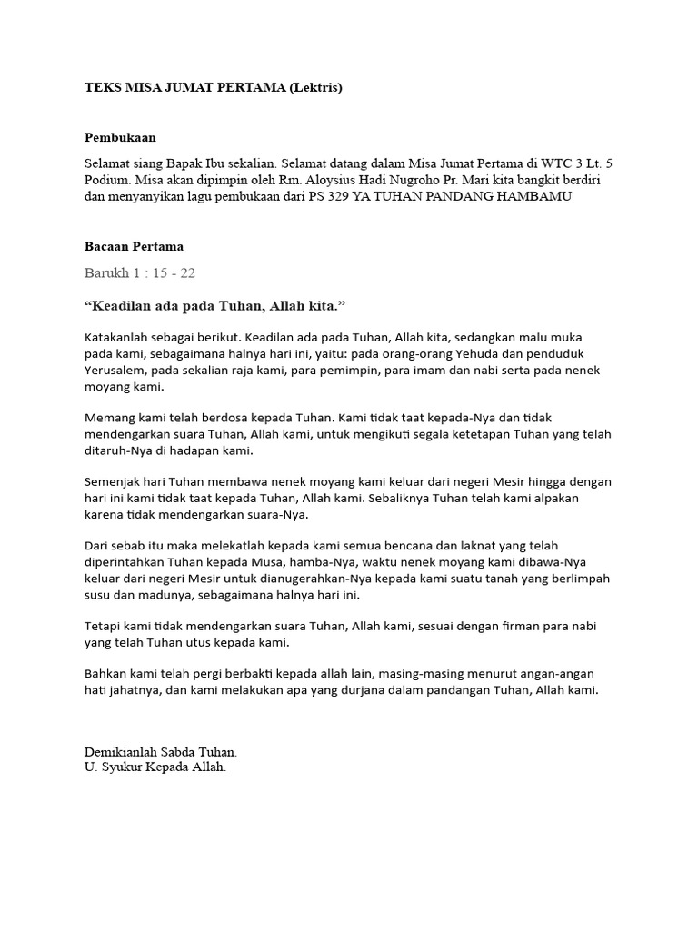 Teks Misa Jumat Pertama Lektris - 6 Okt 2023 | PDF