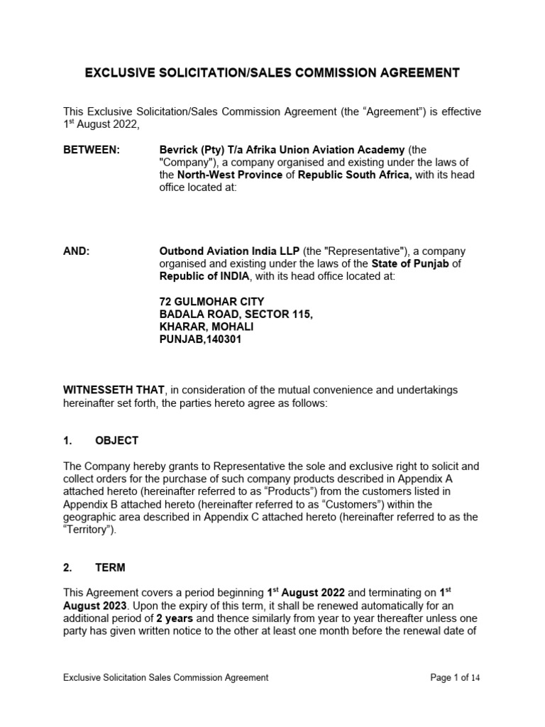 Exclusive Solicitation Sales Commission Agreement | PDF