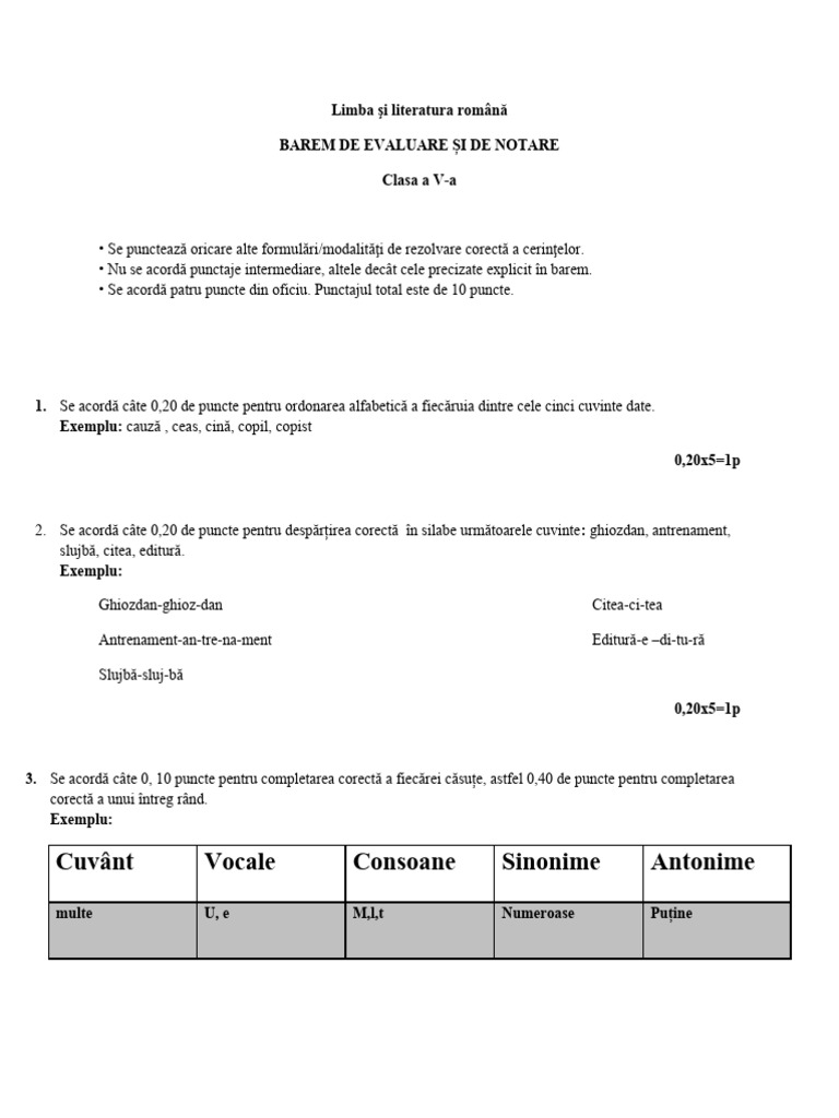 Barem de Corectare, Clasa A V-A | PDF