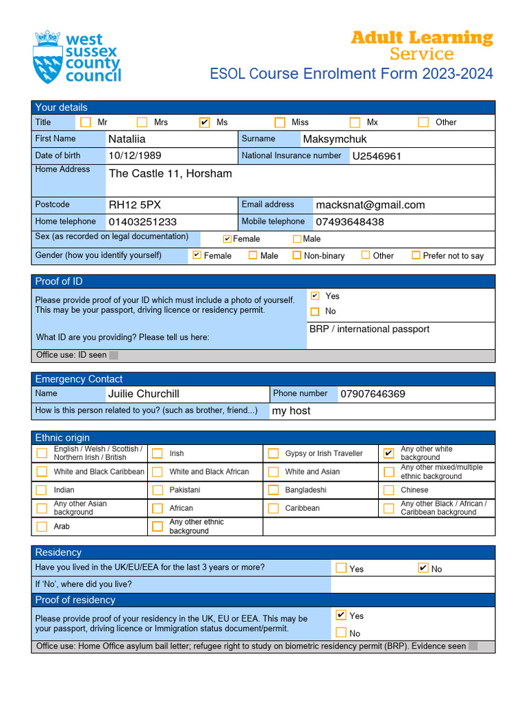 Esol - Enrolment - Form Natalii A Mksymchuk | PDF | Academic Certificate