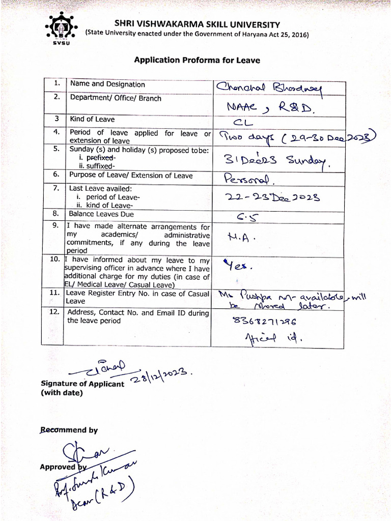 Performa For Leave | PDF