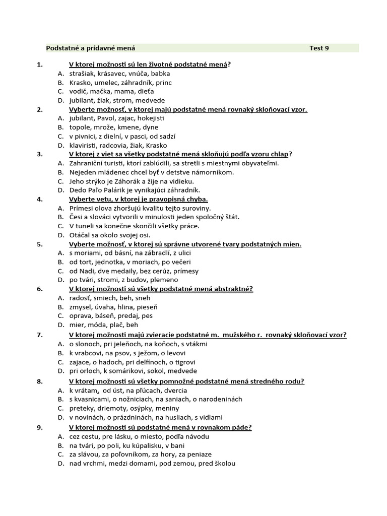 Podstatné A Prídavné Mená - Test 9 | PDF