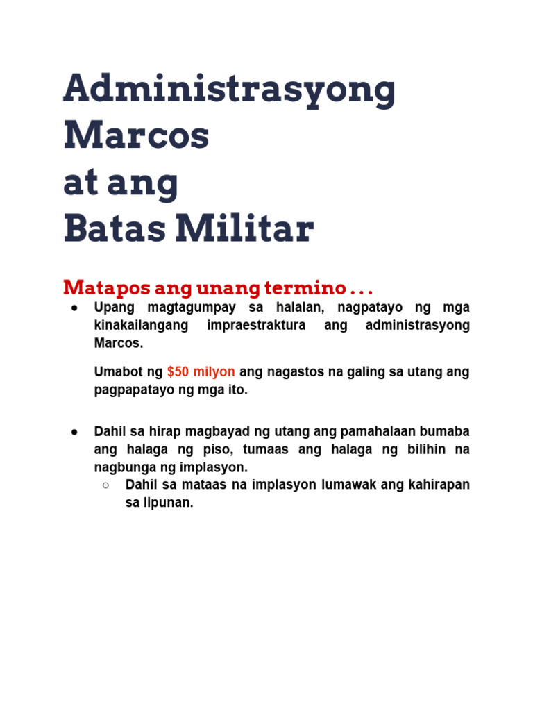 Marcos Administration and Martial Law Overview | PDF