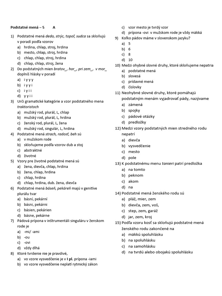 Podstatné Mená - Opakovanie 5. Ročník | PDF