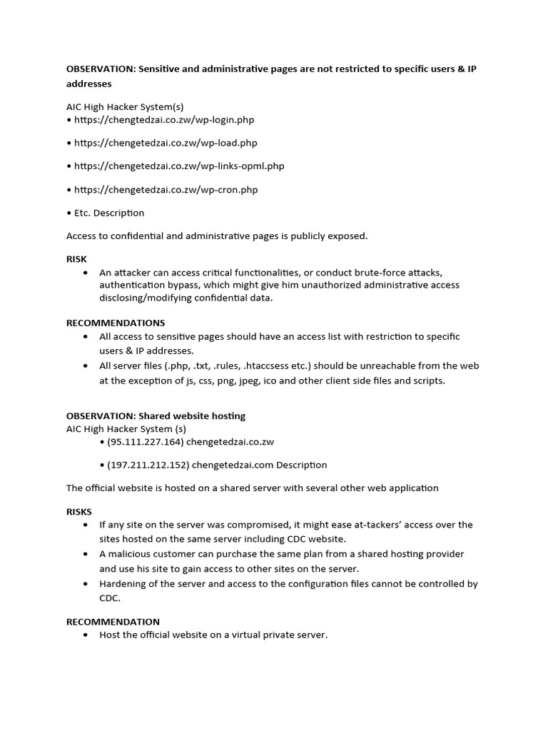 Penetration Test Result Summary Web Site Vulnerabilities Pdf Business Technology 