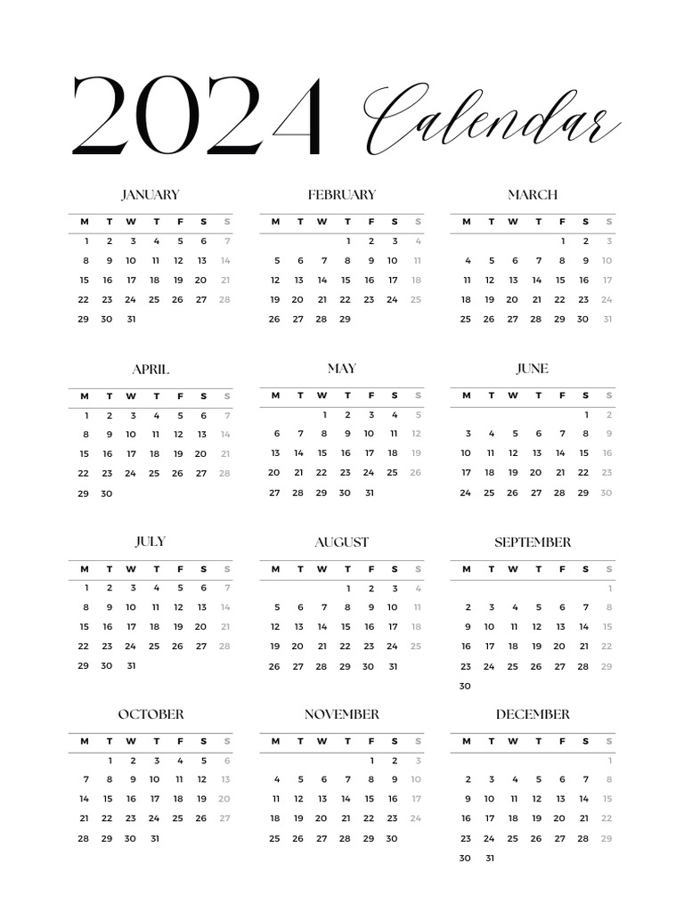 Black and White Simple Minimalist 2024 Year Calendar Planner | PDF