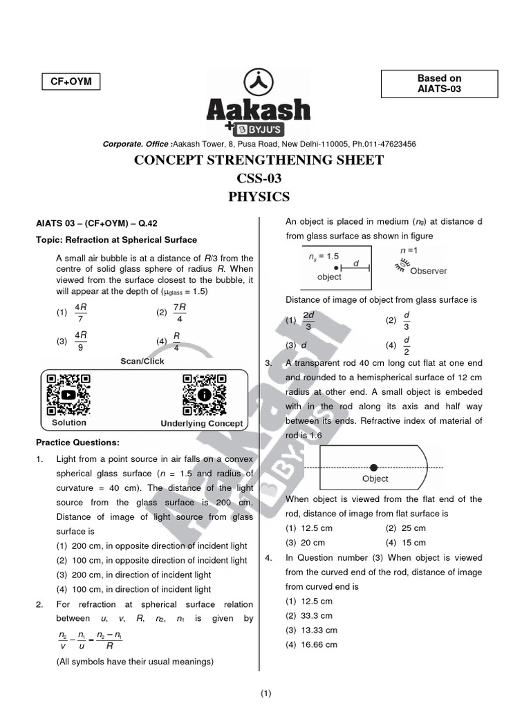 Concept Strengthening Sheet CSS 03 Based On AIATS 03 CF+OYM Physics ... Concept Strengthening Sheet CSS 03 Based On AIATS 03 CF+OYM Physics ...