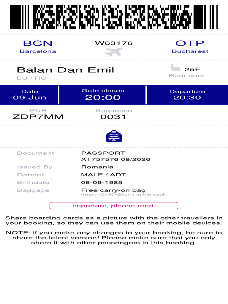 Carte de Imbarcare-Dan Emil Balan BCN-OTP | PDF