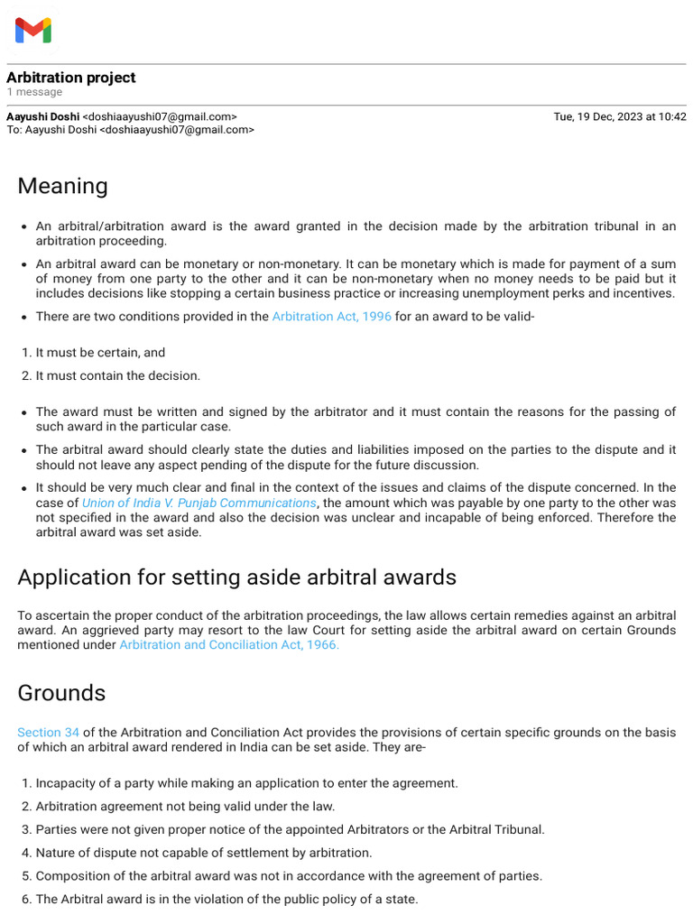 Gmail - Arbitration Project | PDF