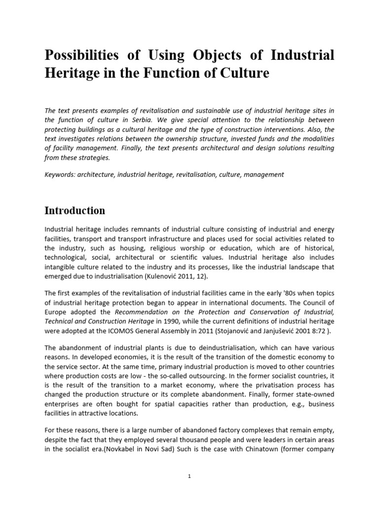 Possibilities of Using Objects of Industrial Heritage in the Function of Culture | PDF ...