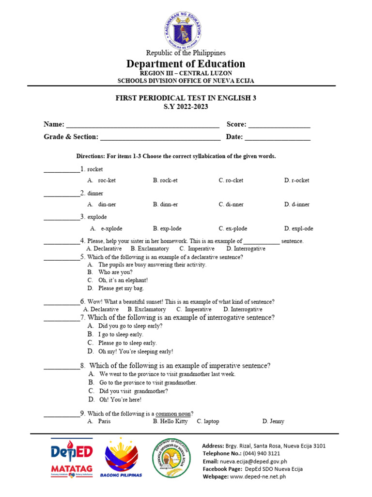 English 3 - First Quarter Exam | PDF | Hospital | Sentence (Linguistics)
