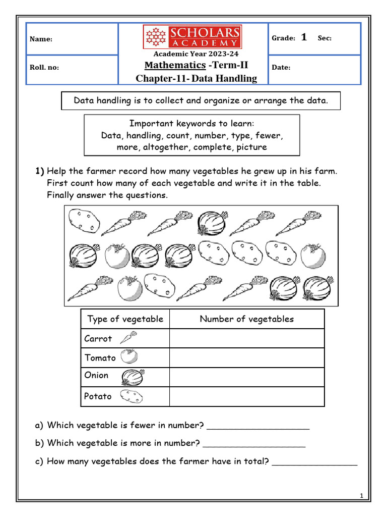 Mathematics - Term-II Chapter-11-Data Handling: 1) Help The Farmer Record How Many Vegetables He ...