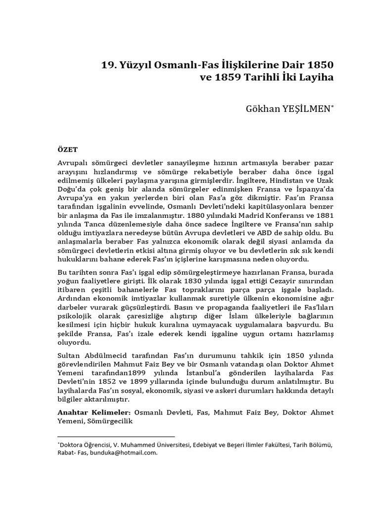 Yüzyıl Osmanlı-Fas İlişkilerine Dair 1850 Ve 1859 Tarihli İki Layiha | PDF