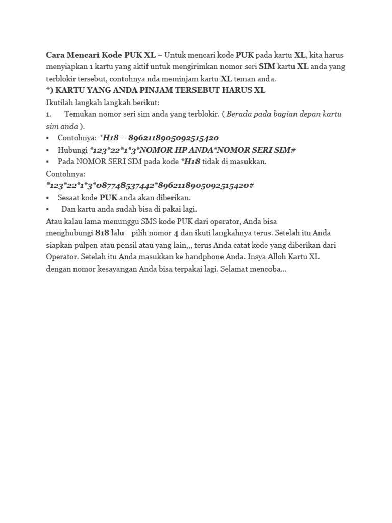 Cara Cek Kode PUK Kartu XL | PDF | Pengelolaan Keuangan & Uang | Hukum
