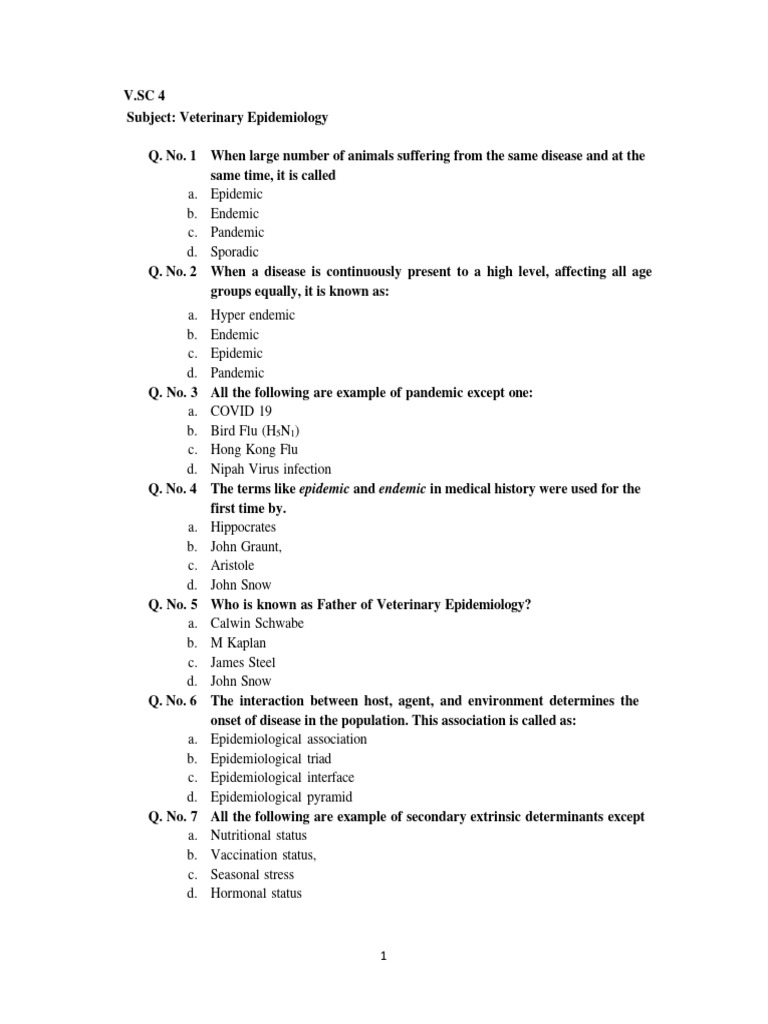 Veterinary Epidemiology MCQs Exam Guide | PDF | Infection | Epidemiology