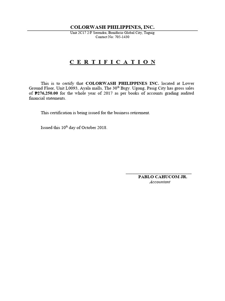 Certification of Gross Sales Pasig | PDF | Finance & Money Management