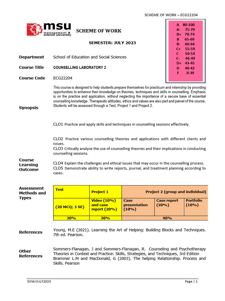 Scheme of Work | PDF | Psychotherapy | Cognition