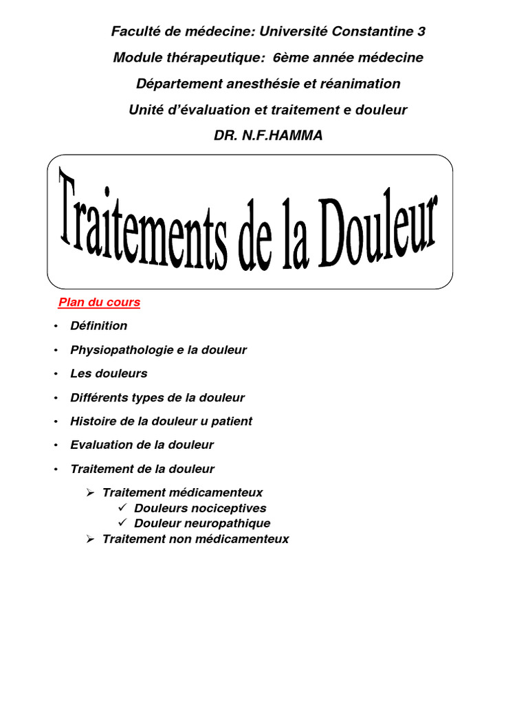 TRT de La DLR (Diapo +polycopié) PDF Version 1 | PDF | Douleur | Sérotonine