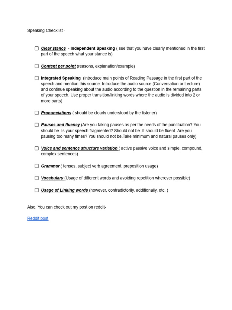 TOEFL Speaking Checklist Guide | PDF | Language Arts & Discipline