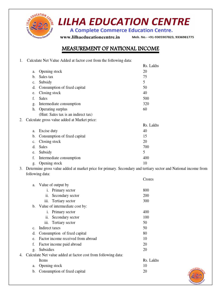 National Income Measurement Calculations | PDF | Value Added ...