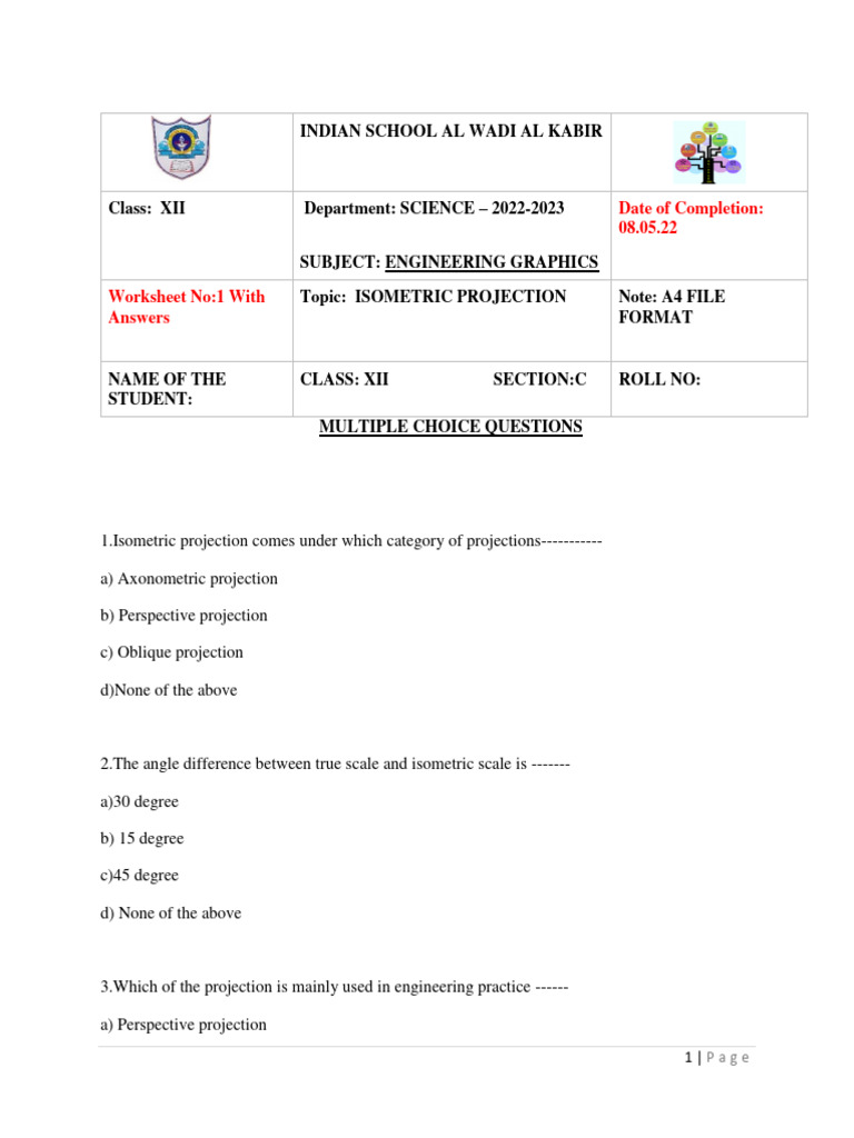 2110001-Class 12 - Eg - Isometric Projection - WS With Ans. - Aiswarya ...