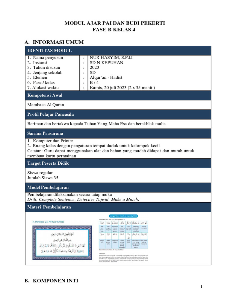 Modul Ajar Kls 4 Pai Surat Al Hujurat | PDF