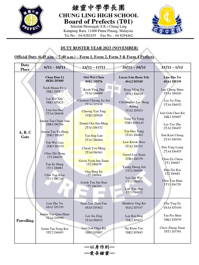 Chung Ling Prefects Duty Roster | PDF