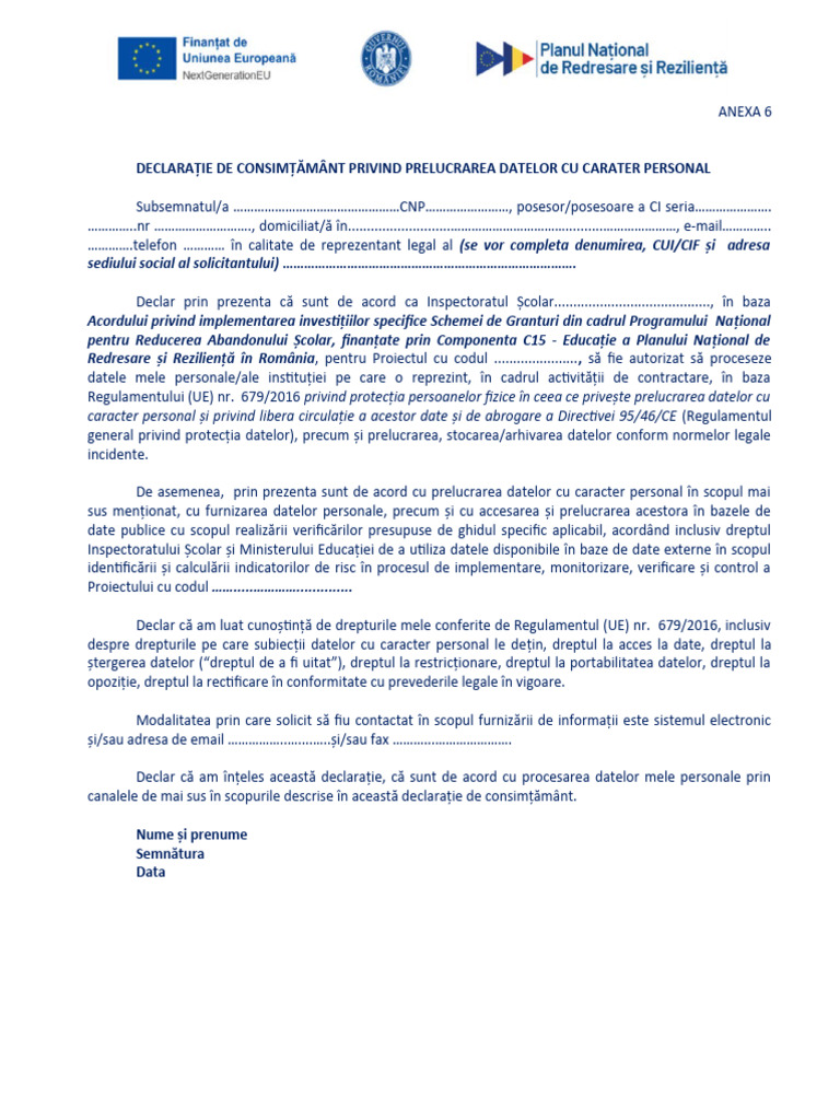 Anexa 6-Declaratie Consimțământ Privind Prelucrarea Datelor Cu Caracter Personal | PDF