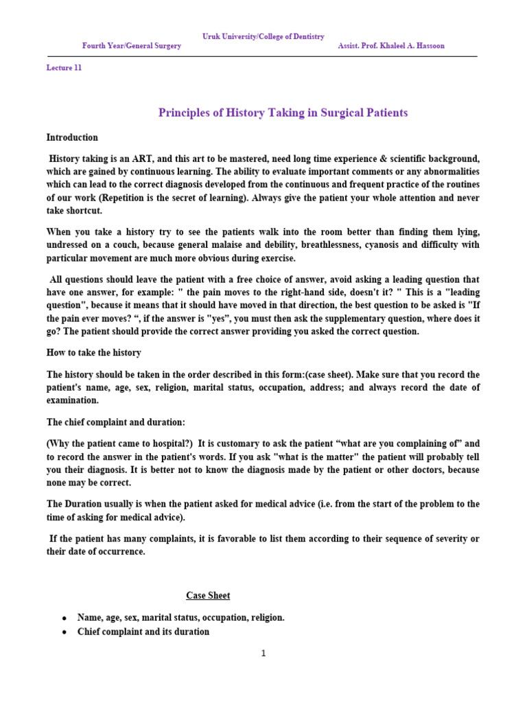 Lecture 11 History Taking | PDF | Pain | Urinary Incontinence