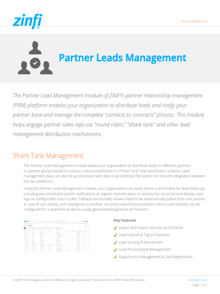 13.3 Partner Lead Management ZINFI Data Sheet Ext - prd.006.08 14.x | PDF | Customer ...