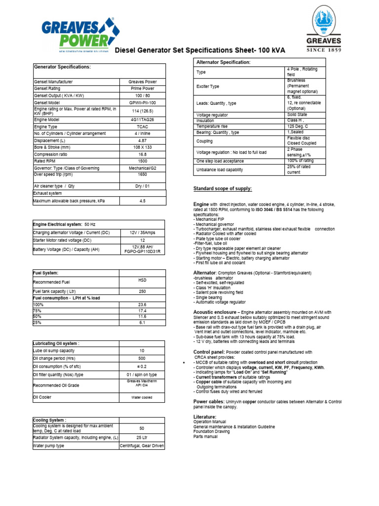 Greaves 100 kVA Genset User Manual | PDF | Diesel Engine | Engines