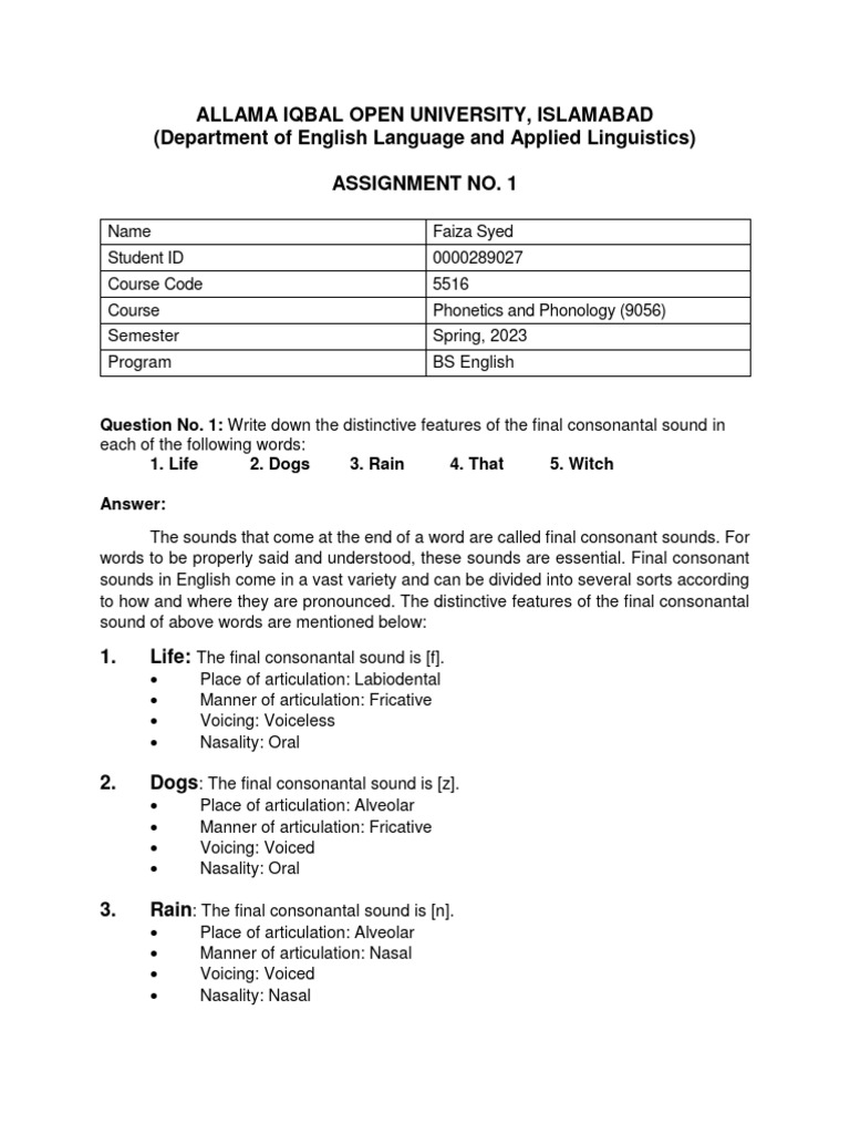 Assignment No 1 Phonetics And Phonology 9056 Solved Pdf Consonant