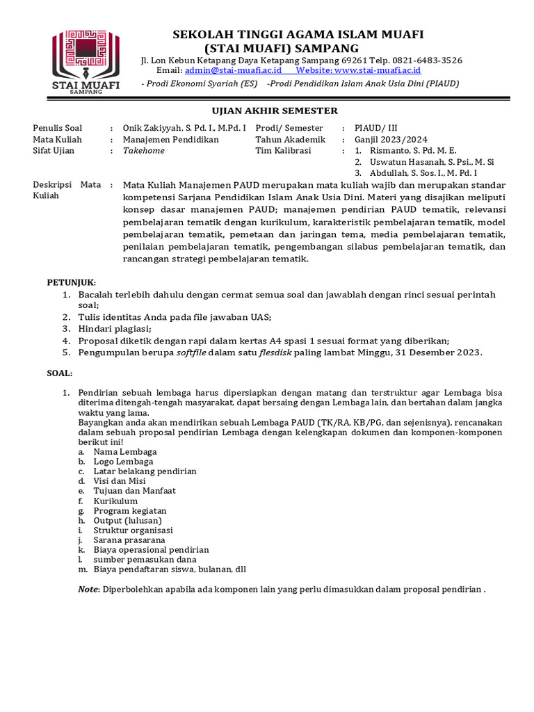 UAS Manajemen PAUD PIAUD STAI | PDF