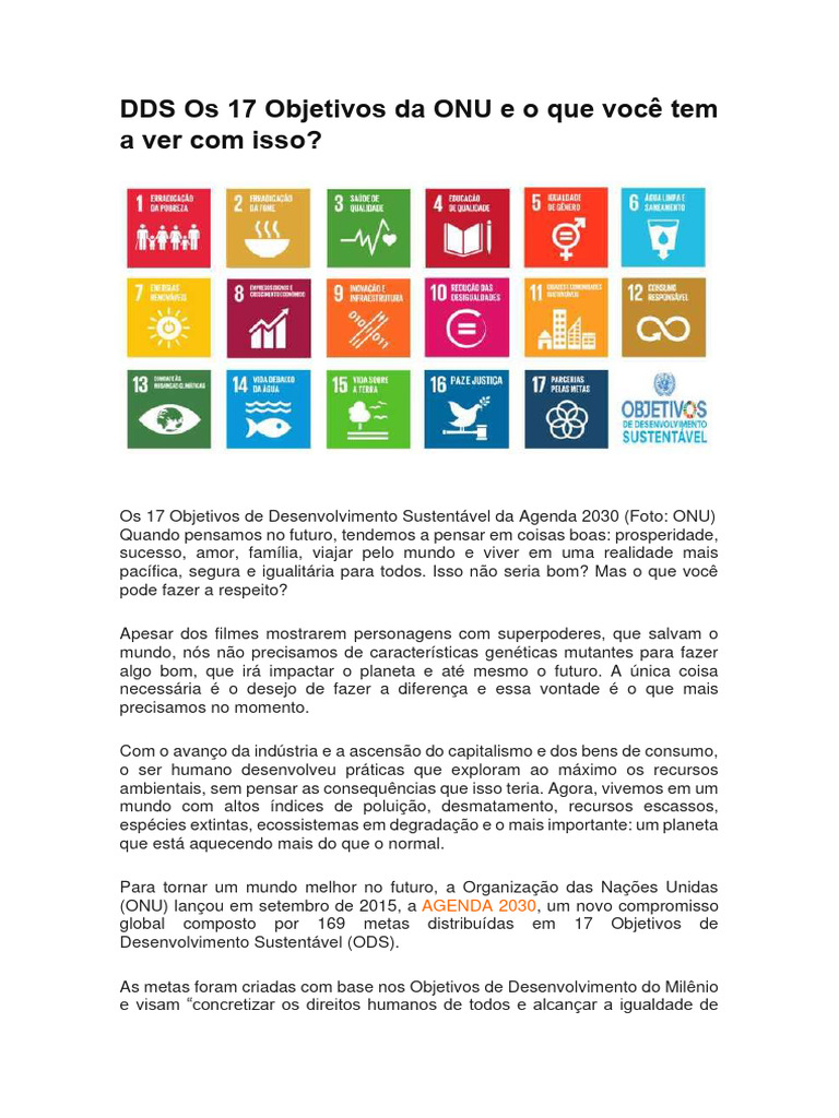 DDS Os 17 Objetivos Da ONU e o Que Você Tem A Ver Com Isso | PDF | Sustentabilidade ...