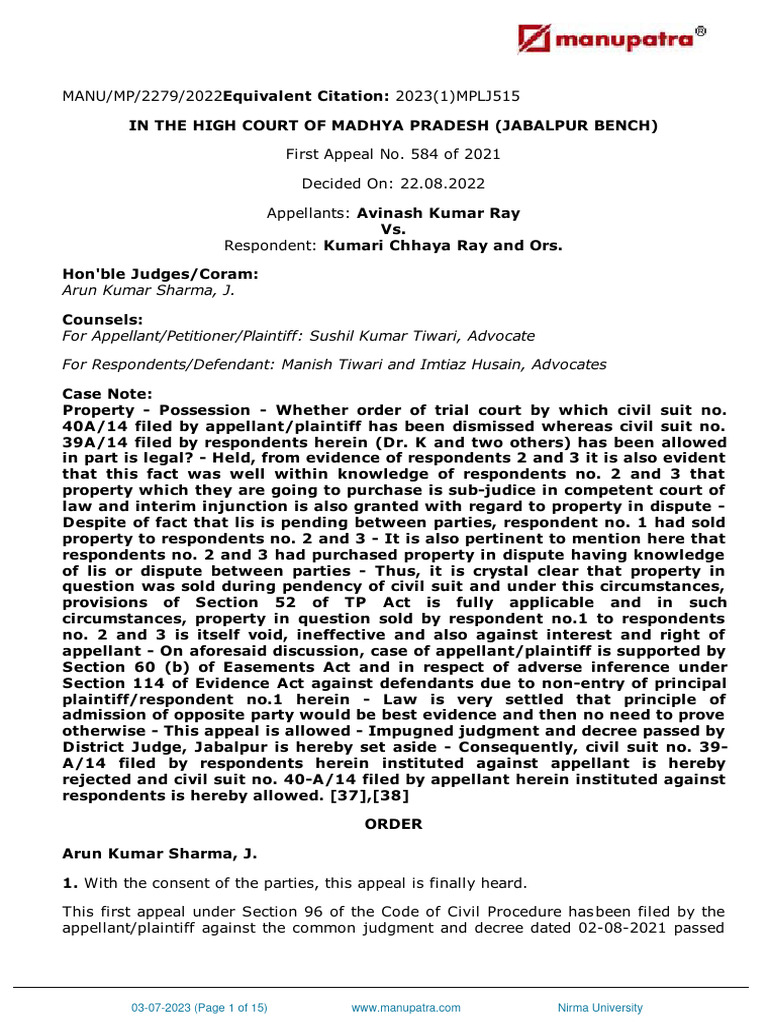 Avinash Kumar Ray Vs Kumari Chhaya Ray and Ors 220MP2022080922163417260COM490183 | PDF