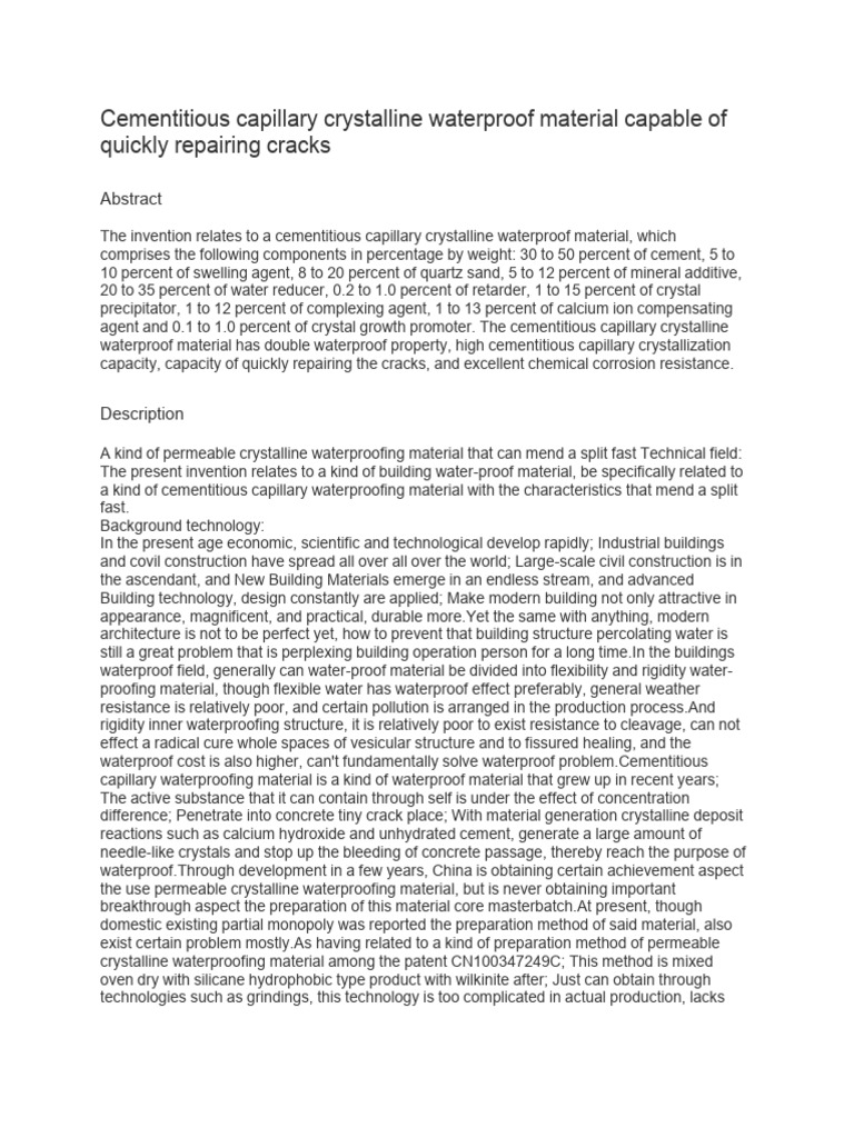 CN102167547B Cementitious Capillary Crystalline Waterproof | PDF ...