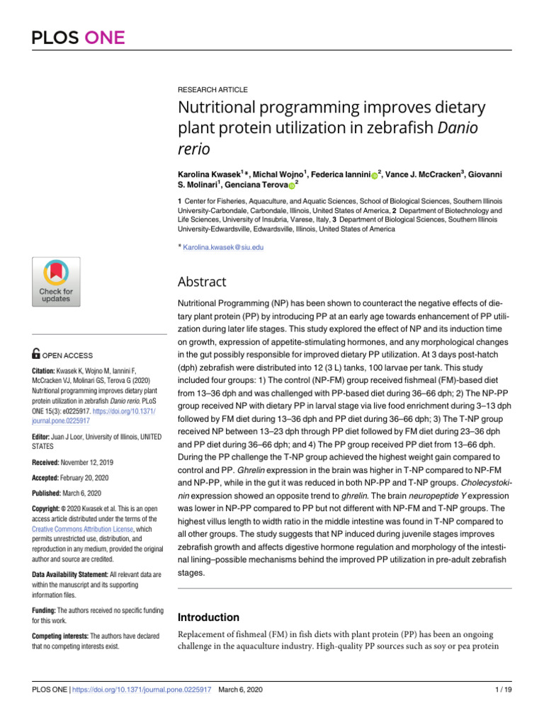 Nutritional Programming Improves Dietary Plant Protein Utilization in Zebrafish Danio Rerio ...