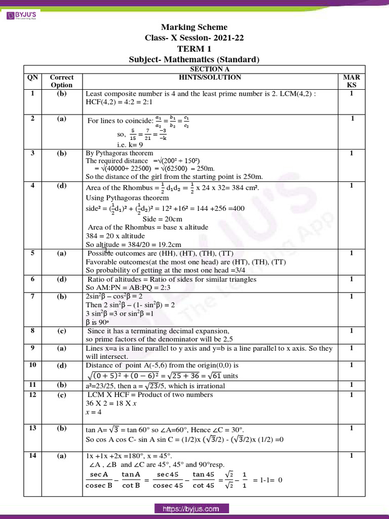 CBSE Class 10 Maths Standard Marking Scheme and Answer Key Term 1 2021 ...