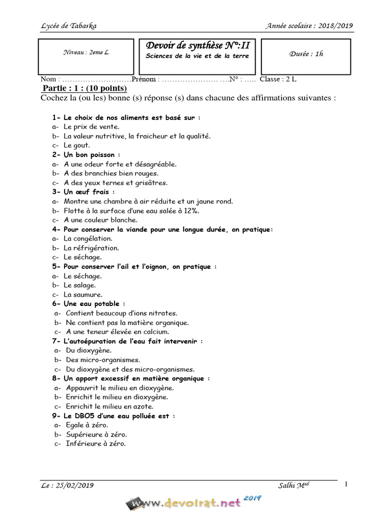 Devoir de Synthèse N°2 1er Semestre - SVT - 2ème Lettres (2018-2019) MR Salhi Mohamed | PDF