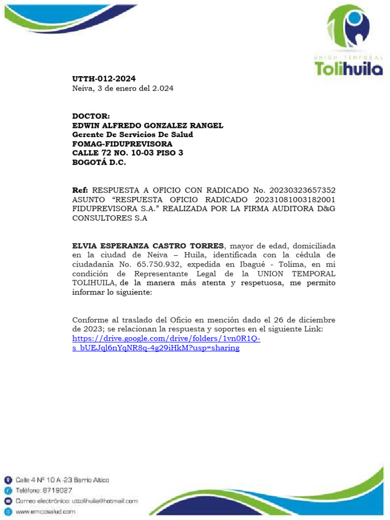 UTTH-012-2024 RESPUESTA A RAD No. 20230323657352 | PDF