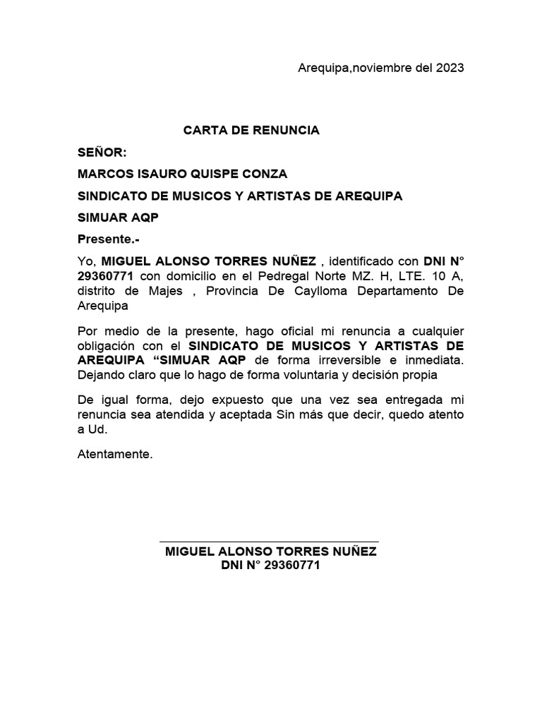 Carta de Renuncia al Sindicato SIMUAR AQP | PDF